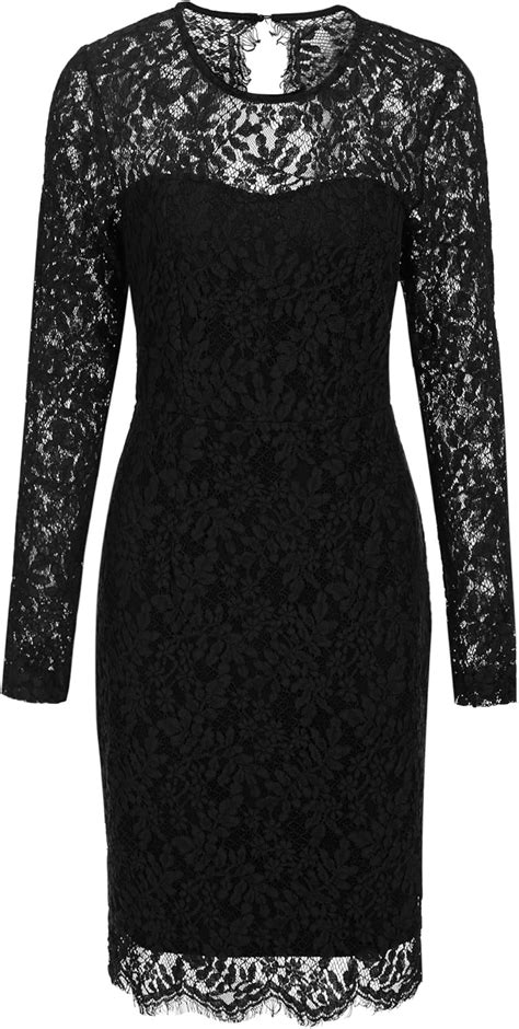Damen Spitzenkleid Rundhals Knielang Vintage Kleid Langarm Aus Spitze
