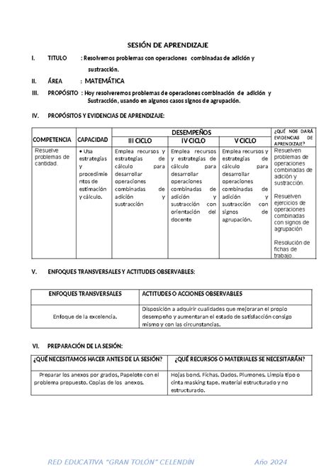 Matemática Operaciones Combinadas Corregido SesiÓn De Aprendizaje I