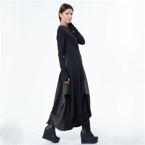 Black Long Dress With Draping And Thumbhole Sleeves Metamorphoza