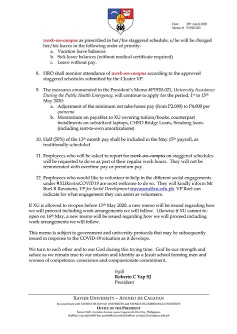 Xavier University Memo P Work Arrangements For May