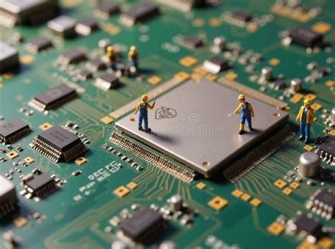 Tiny People In Safety Helmets And Work Uniforms Are Repairing And Inspecting A Microchip On A