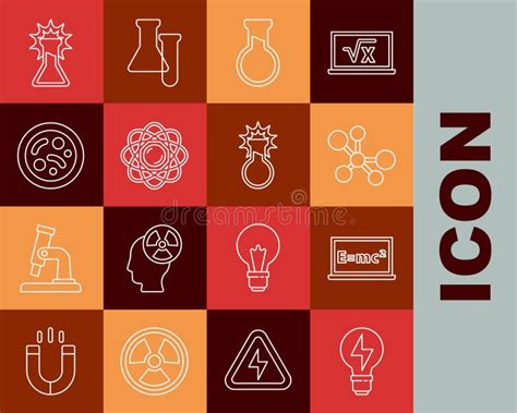 Set Line Light Bulb With Lightning Equation Solution Molecule Test Tube And Flask Atom
