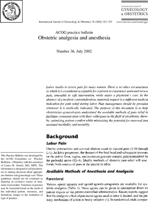 ACOG PRACTICE BULLETIN NO 36 JULY 2002 OBSTETRICS ANALGESIA AND ANESTHESIA 2002