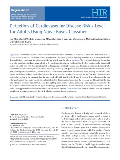 Pdf Detection Of Cardiovascular Disease Risks Level For Adults Using