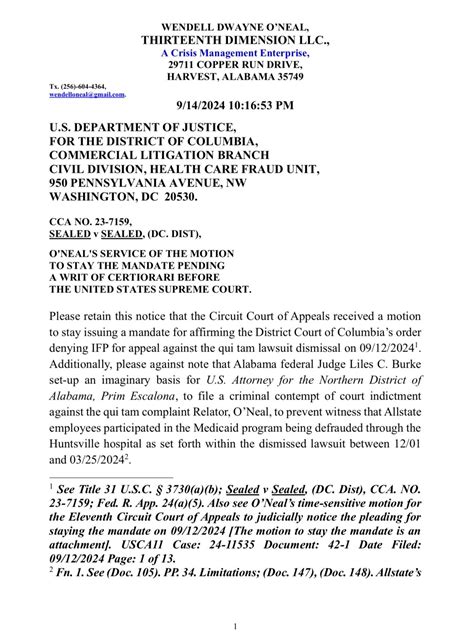 Wendell D Oneal On Linkedin Oneals Service Of The Motion To Stay The Mandate To The United