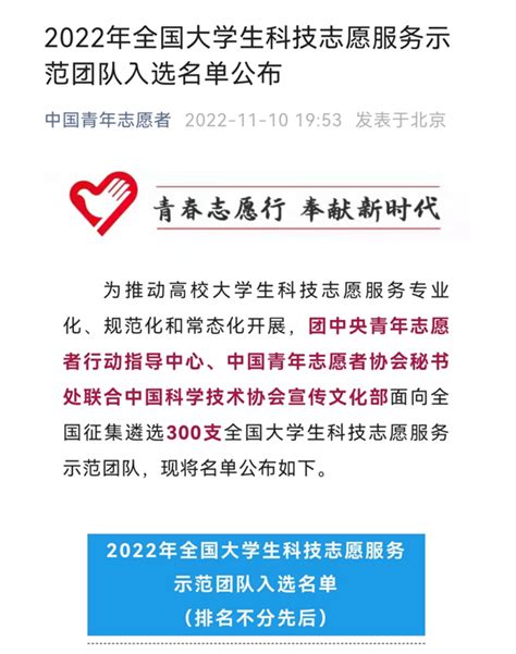 喜报 我校志愿服务团队入选2022年全国大学生科技志愿服务示范团队 志愿服务 共青团福州工商学院委员会