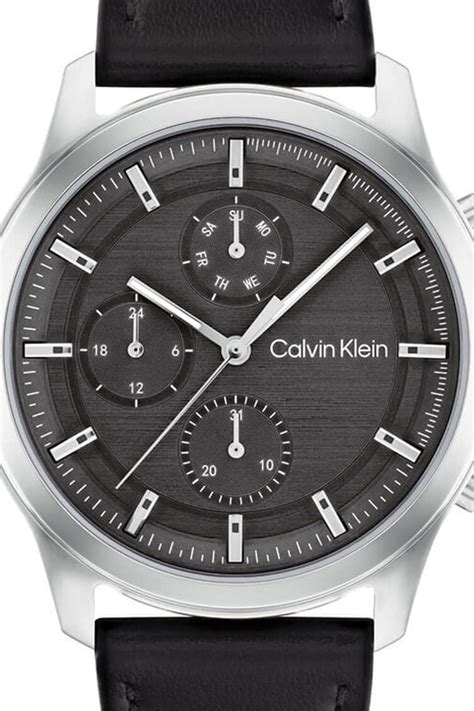 Calvin Klein Мултифункционален часовник с кожена каишка Сребрист