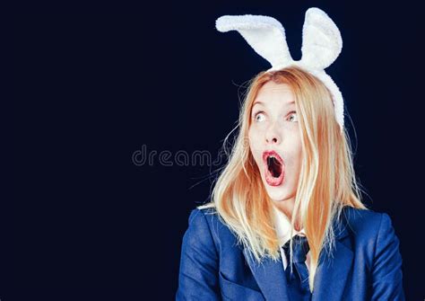 Bunny Woman Happy Easter Portrait Of A Happy Woman In Bunny Ears Winking Easter Bunny Woman