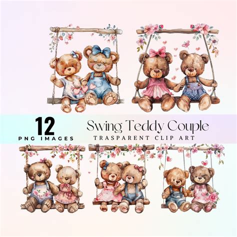 Adorable Swing Teddy Couple Clip Art Watercolor Tiny Bears On Swing