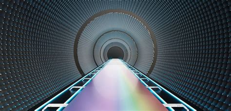 긴 어두운 터널 파이프 미래의 불빛과 함께 과학 소설 터널 하이테크 터널 과학 소설 복도 하이퍼루프 프리미엄 사진