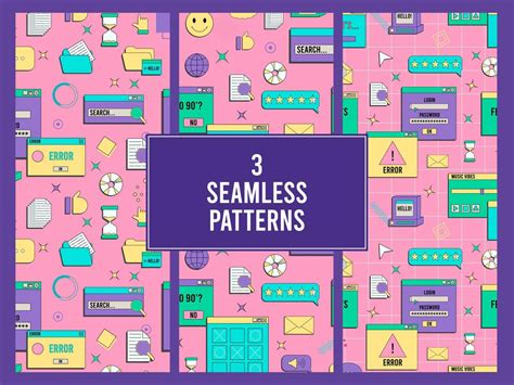 Set Of Vaporwave Ui And Ux Elements Seamless Pattern Pc Retro Game