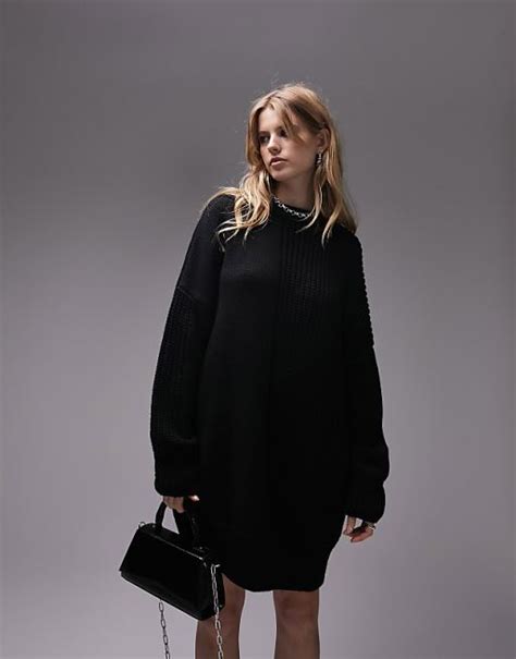Topshop Knitted Ribbed Crew Neck Dress In Black Asos