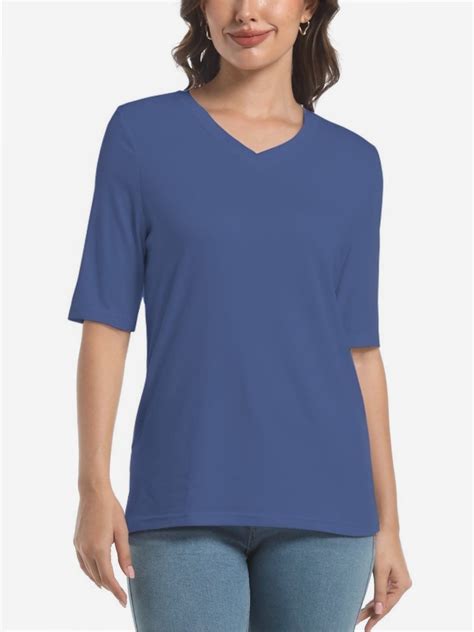 Womens V Neck Basic Summer Casual Elbow Length T Shirts