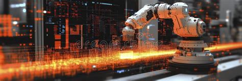 Robotic Arm Interacting With Digital Interface Orange Glow Stock