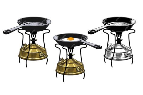 Poêle à Frire Sur La Cuisinière Primus Vide Et Avec Des œufs Au Plat