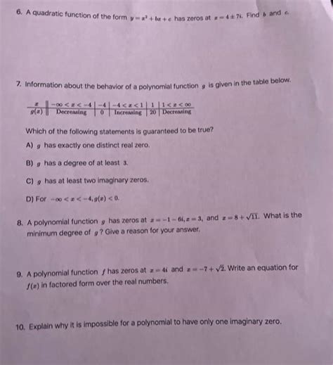 Solved 6 A Quadratic Function Of The Form Yx2bxc Has