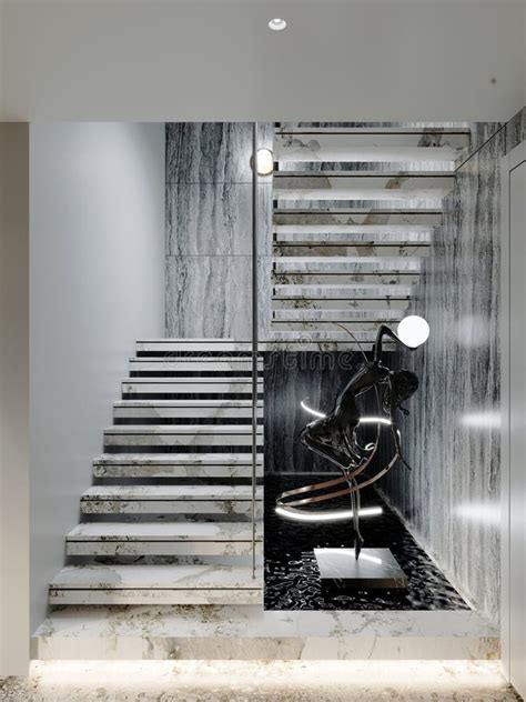 Modern Staircase With Floating Marble Steps Artistic Sculpture And Accent Lighting Creating A