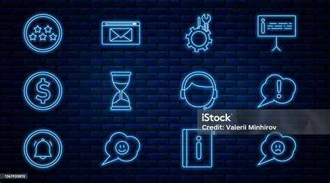 슬픈 미소 느낌표 렌치 및 기어 모래 시계 동전 돈 달러 5 별 등급 검토 남자 헤드셋 및 메일 전자 메일 아이콘으로 설정 된 라인 음성 거품 벡터 0명에 대한 스톡 벡터