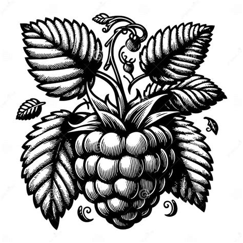 Raspberry Plant Engraving With Leaves Vector Stock Illustration