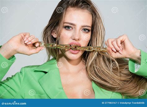 Sensual Woman Close Up Portrait With Golden Chain In Mouth Female Model Lick Golden Chain Face