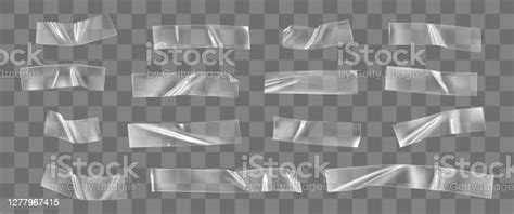 투명 한 배경에 격리 된 투명 한 접착제 플라스틱 테이프 설정 사진 및 종이 기구를위한 구겨진 접착제 플라스틱 스티커 테이프