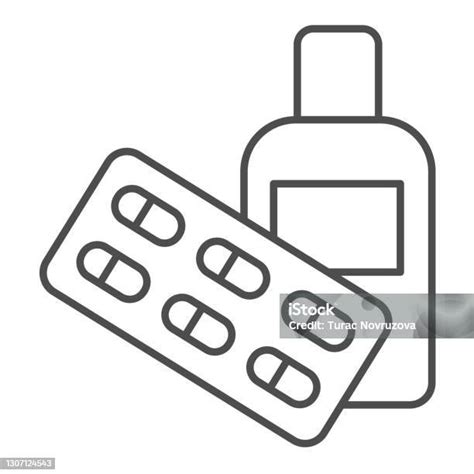 시럽 병 과 캡슐 포장 얇은 라인 아이콘 세계 암 의 날 개념 흰색 배경에 암 치료 기호 의학 병 및 알 약 아이콘 개요 스타일 벡터 그래픽 건강관리와 의술에 대한 스톡