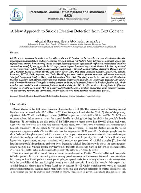 Pdf International Journal Of Computers And Information Ijci A New Approach To Suicide