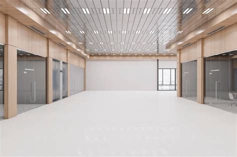 반짝이는 천장 엘리베이터 창과 도시 전망 가구 일광 작업 공간 및 디자인 개념 3d 렌더링을 갖춘 고급스러운 넓은 사무실