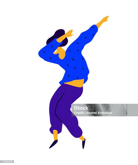 블루 셔츠에 밝은 사람 춤추는 젊은 남자의 그림입니다 인터넷의 Meme 댄스 스튜디오에 대 한 문자입니다 플랫 스타일입니다 회사 로고입니다 긍정적인 행복 한 사람입니다