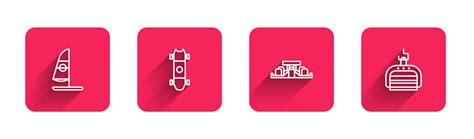 세트 라인 윈드 서핑 롱 보드 또는 스케이트 보드 포뮬러 1 경주 카와 긴 그림자스키 리프트 빨간색 사각형 버튼입니다 벡터 1에