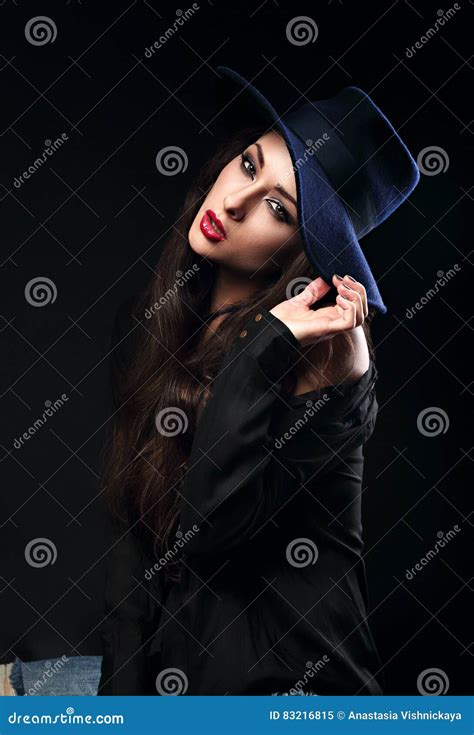 Expressive Female Model Posing In Black Shirt And Elegant H Stock Image
