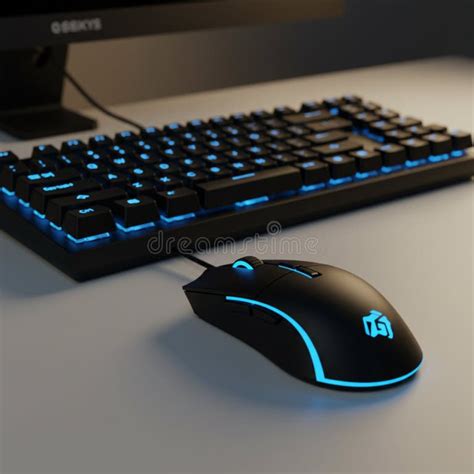 A Gaming Setup With A Sleek Black Keyboard And Mouse Featuring Blue Led Stock Illustration