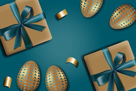 벡터 그래픽 텍스트 장소와 축제 부활절 배경 3d 오브제 부활절 장식으로 된 현실적인 배경 새틴 활 황금 색종이 부활절 황금 달걀이 있는 선물 상자 위에서 볼 수 있습니다