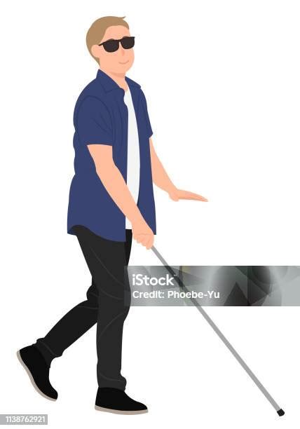 걷는 지팡이를 가진 만화 사람들 성격 디자인 눈 먼 젊은 남자 도보 실명에 대한 스톡 벡터 아트 및 기타 이미지 실명 남자 지팡이 Istock