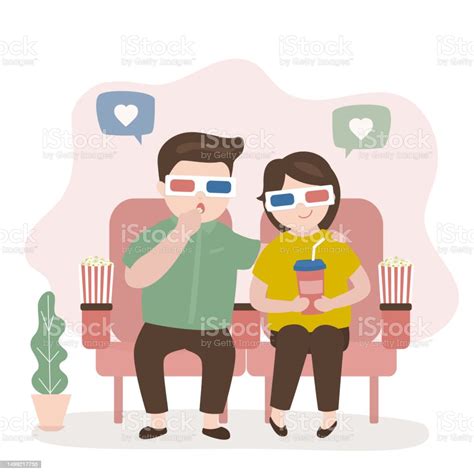 영화관에 앉아 영화를 보는 행복한 사랑의 커플 스테레오 안경을 쓴 사람들이 3d 영화를 보고 있다 귀여운 캐릭터들이 팝콘을 먹고