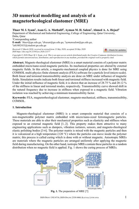 Pdf 3d Numerical Modelling And Analysis Of A Magnetorheological Elastomer Mre