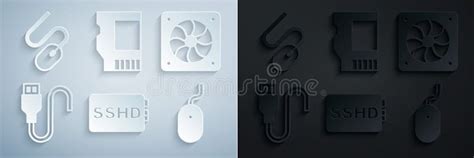 Set SSHD Card Computer Cooler USB Cable Cord Mouse SD And Icon Vector Stock Illustration