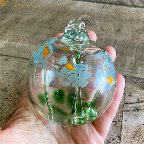 Kitras Art Glass Ornament Blossom Ball Friendship Ornament Blue Floral