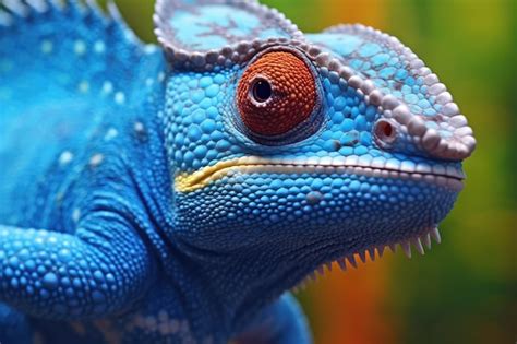 Premium Ai Image Blue Colored Chameleon Close Up Generative Ai