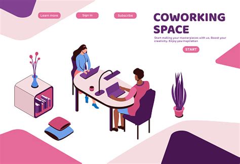 공조 공간 인테리어 창조적 인 사무실 사람들은 오픈 직장에서 작업 노트북 현대적인 환경 3d 아이소 메트릭 로프트 스타일의 인테리어 디자인 그래픽 벡터 일러스트레이션과