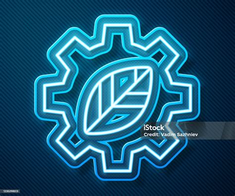 파란색 배경에 격리 기어 기계 아이콘에 빛나는 네온 라인 잎 식물 생태 친환경 기술 세계 환경의 날 라벨 벡터 일러스트레이션