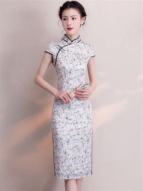 Gray Floral Casual Midi Qipao Cheongsam Dress Cozyladywear