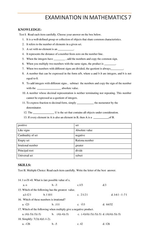 Mathematics Sample Examination Grade 7 Examination In Mathematics 7 Knowledge Test I Read