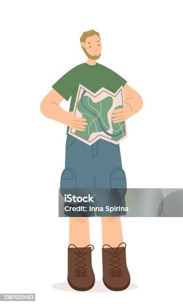 เด็กชายนักเดินทางที่มีความสุขกําลังมองหาวิธีที่ถูกต้องในภาพประกอบเวกเตอร์แผนที่ ตัวละค ภาพประกอบ