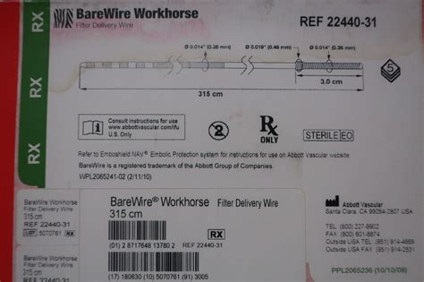 New Abbott 22440 31 Barewire Workhorse Filter Delivery Wire 0014 X
