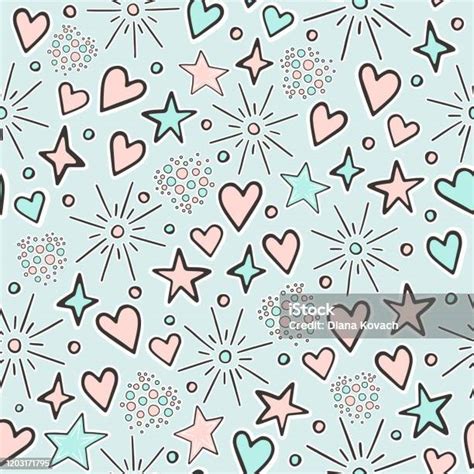 귀여운 파란색과 분홍색 별 하트 경례와 손으로 그린 원활한 패턴 벡터 생일 베이비 룸 인사말 카드 초대장 벽지 포장지 포장에
