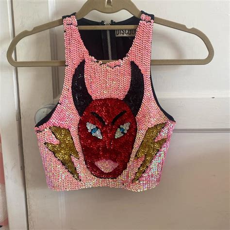 Discount Universe Devil Sequin Crop Top Pink Size Small Depop