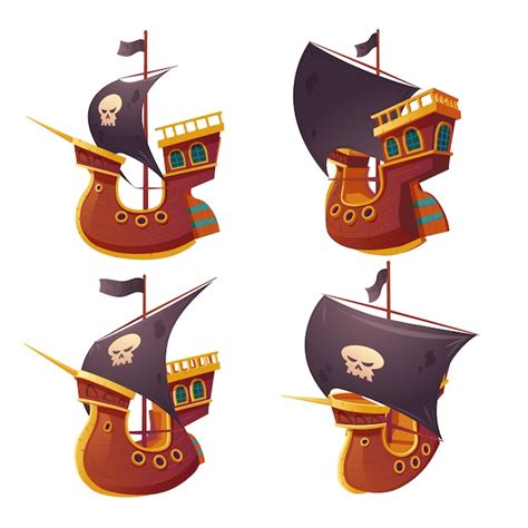 Barco Pirata Conjunto Aislado Sobre Fondo Blanco Vector Gratis