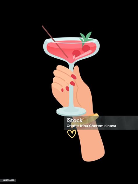 검은 배경에 고립 된 핑크 마가리타 벡터 그림의 유리와 여자 손 여성은 알코올 칵테일 또는 와인이 담긴 잔을 들고 있습니다 건배와 환호로 축하하는 사람들 파티 공휴일에 대한