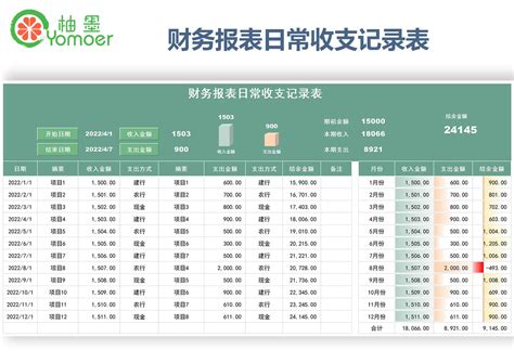 财务报表日常收支记录表 Excel模板 柚墨yomoer